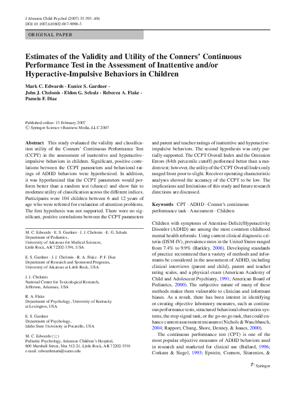 (PDF) Estimates of the Validity and Utility of the Conners’ Continuous ...