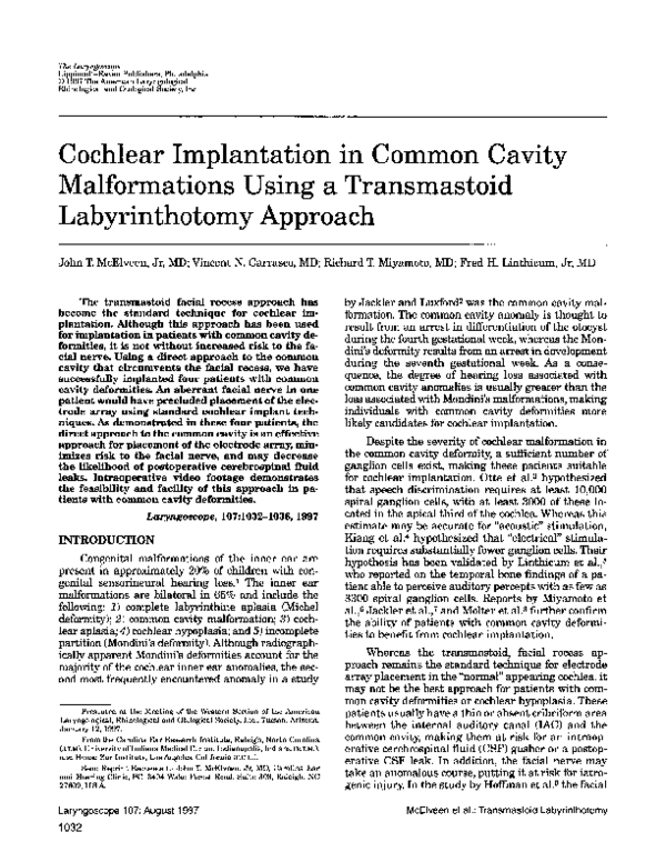(PDF) Cochlear Implantation in Common Cavity Malformations Using a ...