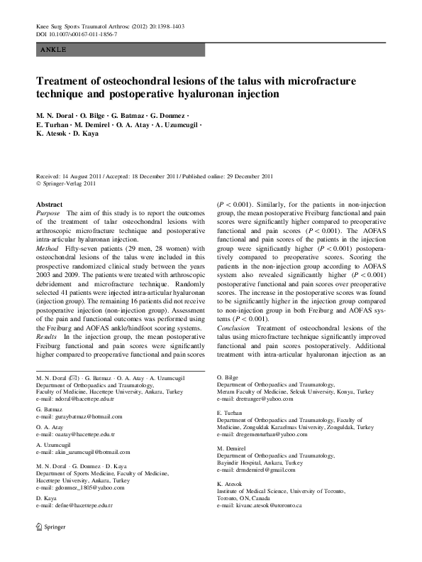 (PDF) Treatment of osteochondral lesions of the talus with ...