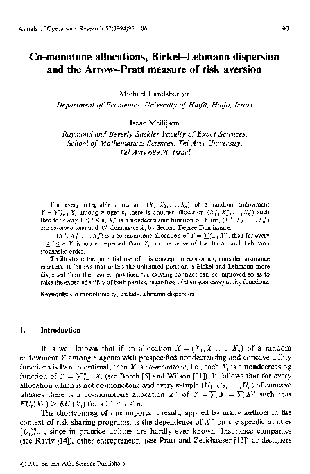 (PDF) Co-monotone allocations, Bickel-Lehmann dispersion and the Arrow ...