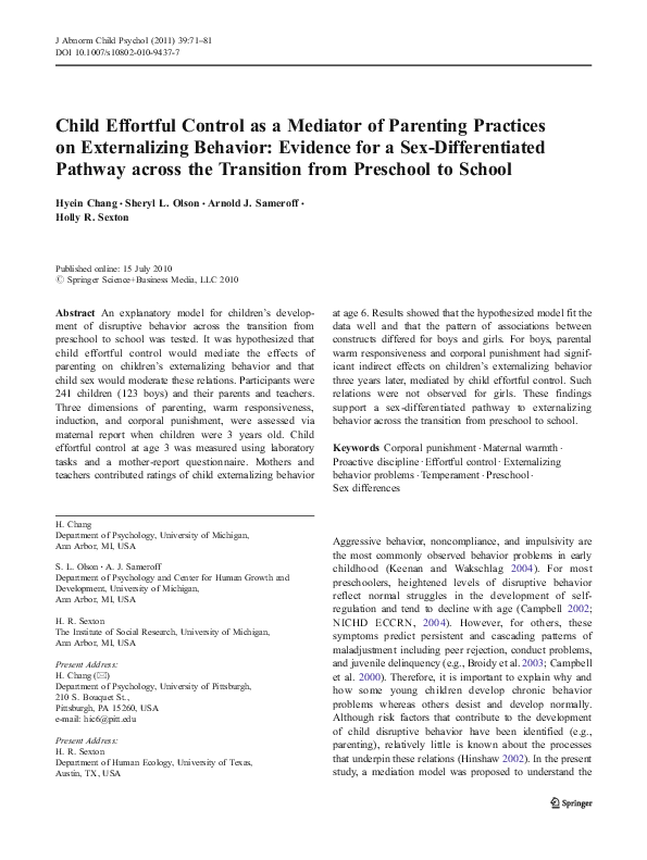 (PDF) Child Effortful Control as a Mediator of Parenting Practices on ...