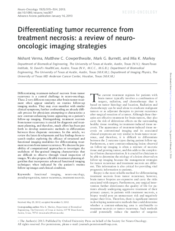 (PDF) Differentiating tumor recurrence from treatment necrosis: a ...