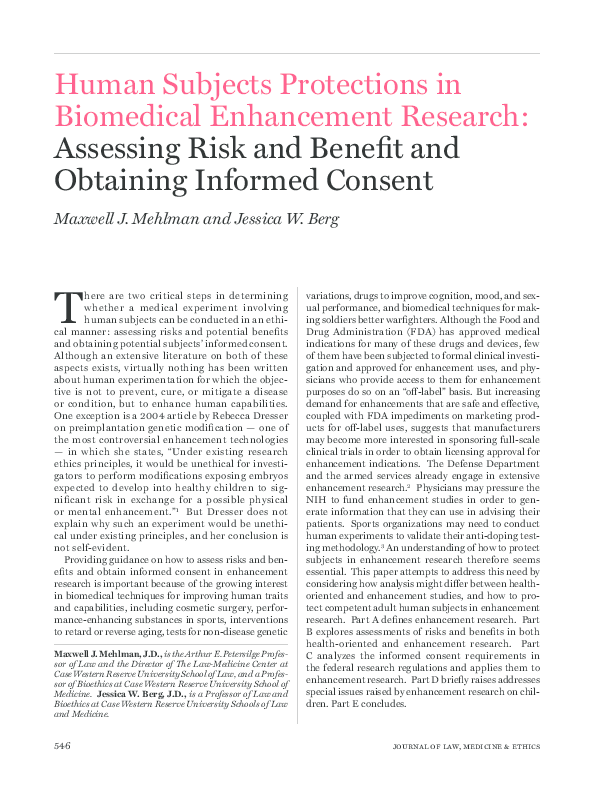 (PDF) Human Subjects Protections in Biomedical Enhancement Research ...