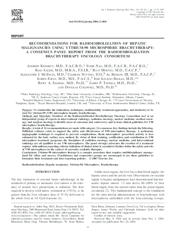 (PDF) Recommendations for radioembolization of hepatic malignancies using Yttrium-90 microsphere ...