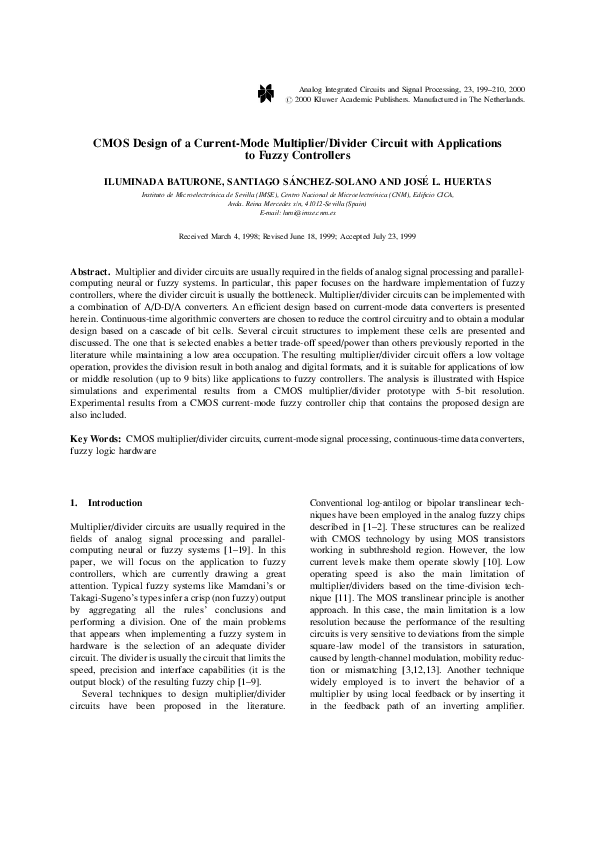 (PDF) CMOS design of a current-mode multiplier/divider circuit with applications to fuzzy ...
