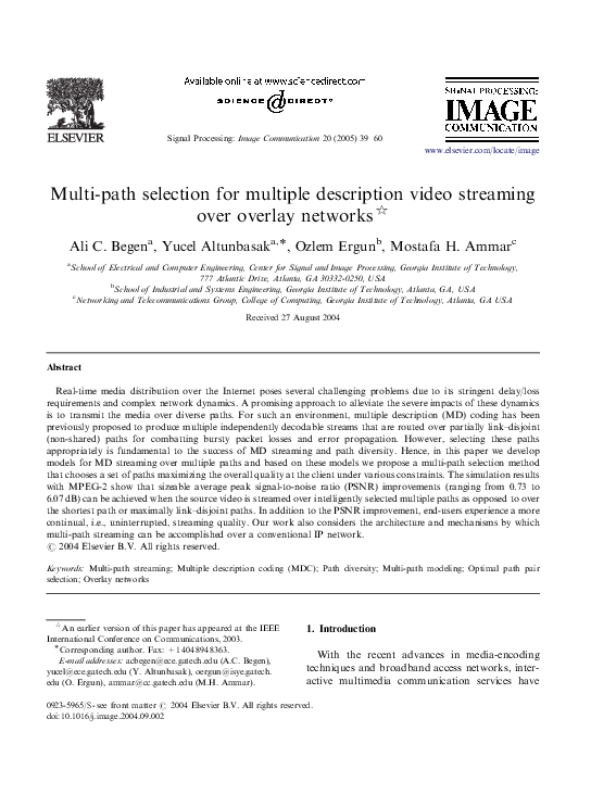 (PDF) Multi-path selection for multiple description encoded video streaming