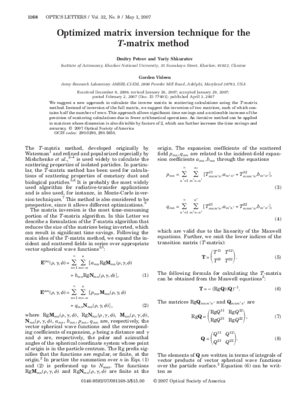 (PDF) Optimized matrix inversion technique for the T-matrix method