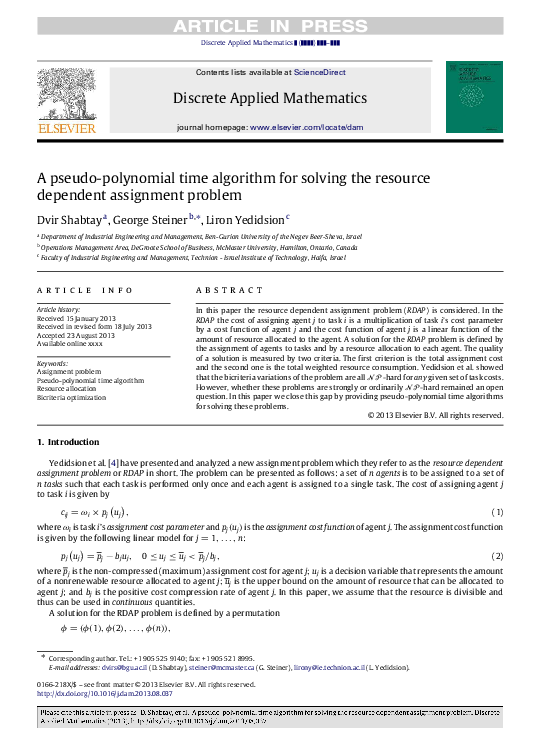 Pdf A Pseudo Polynomial Time Algorithm For Solving The Resource Dependent Assignment Problem