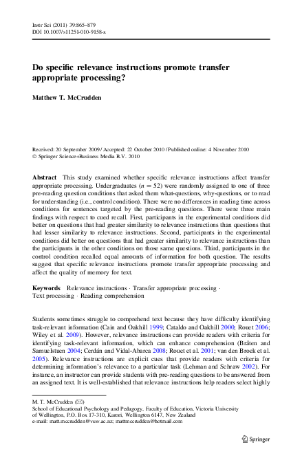 (PDF) Do specific relevance instructions promote transfer appropriate ...
