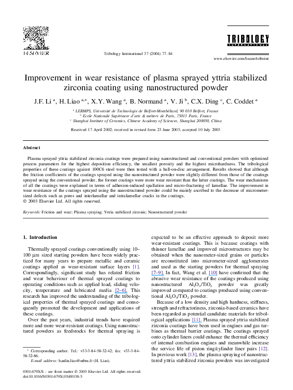 (PDF) Improvement in wear resistance of plasma sprayed yttria ...