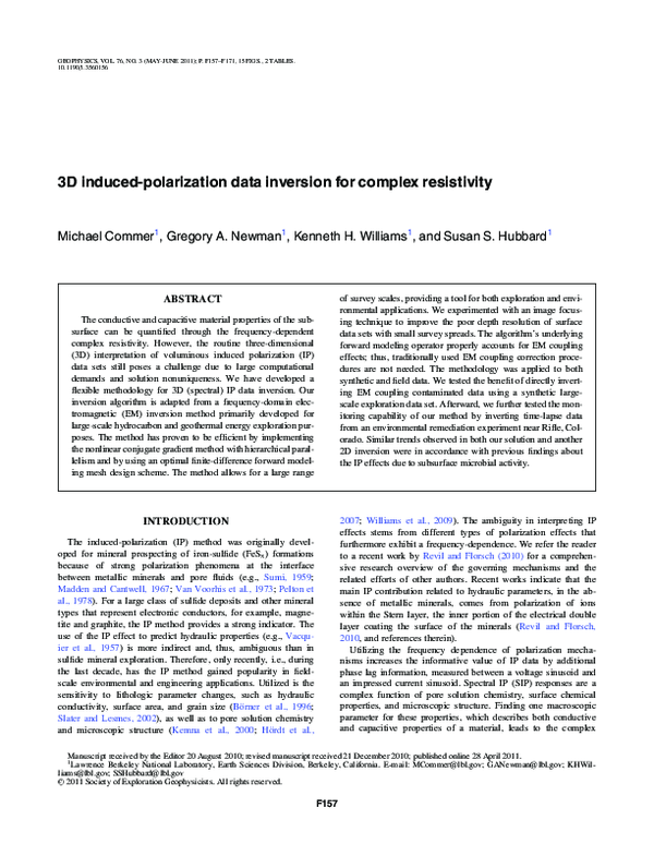 Pdf Three Dimensional Induced Polarization Data Inversion For Complex Resistivity
