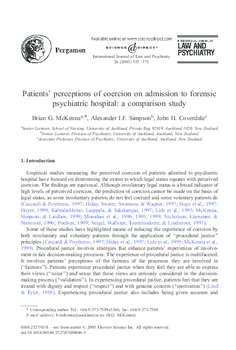 (PDF) Patients' perceptions of coercion on admission to forensic psychiatric hospital: a ...
