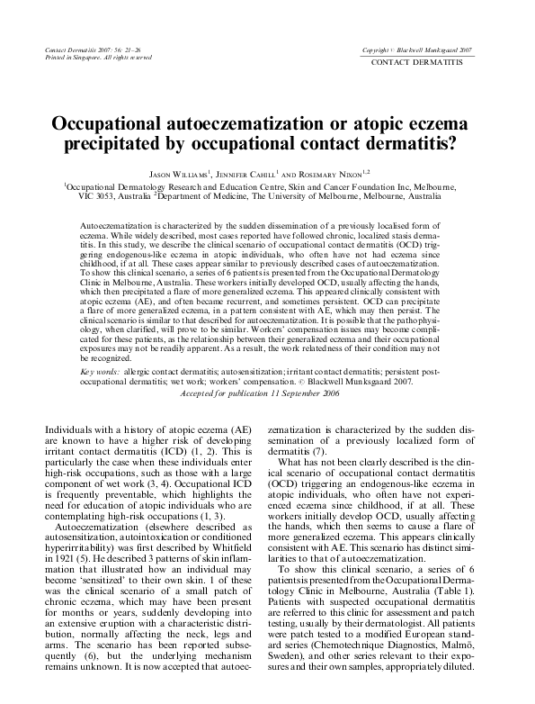 (PDF) Occupational autoeczematization or atopic eczema precipitated by ...