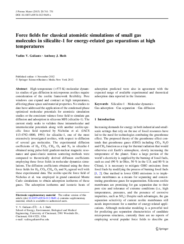 (PDF) Force fields for classical atomistic simulations of small gas molecules in silicalite-1 ...