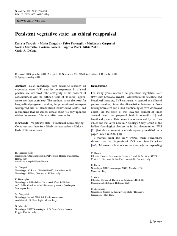(PDF) Persistent vegetative state: an ethical reappraisal