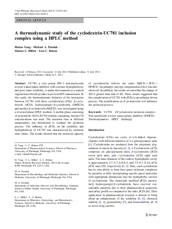 (PDF) A thermodynamic study of the cyclodextrin-UC781 inclusion complex ...