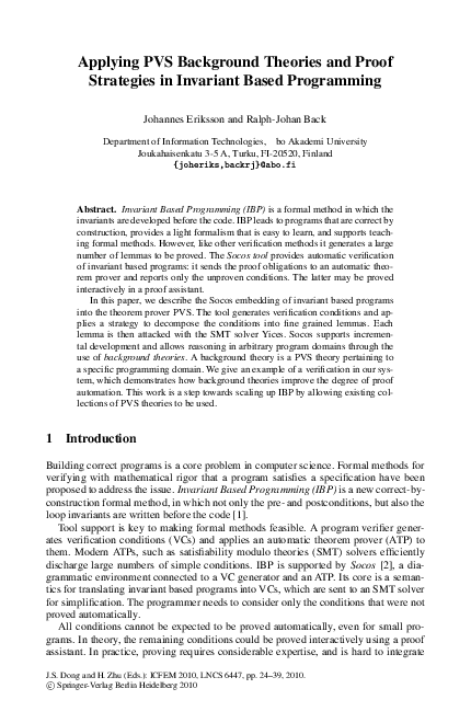 (PDF) Applying PVS Background Theories and Proof Strategies in Invariant Based Programming