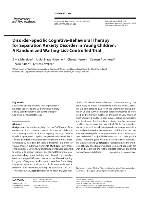 (PDF) Disorder-Specific Cognitive-Behavioral Therapy for Separation Anxiety Disorder in Young ...