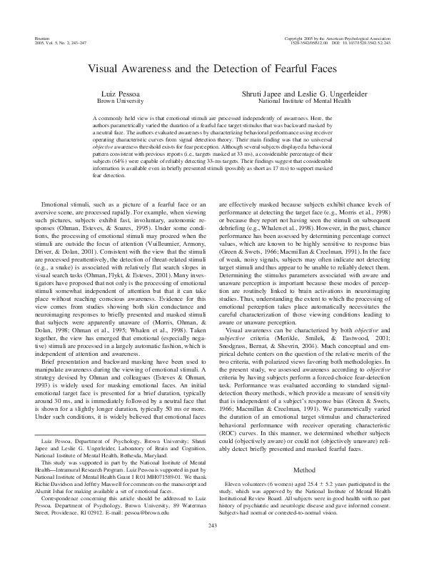 (PDF) Visual Awareness and the Detection of Fearful Faces