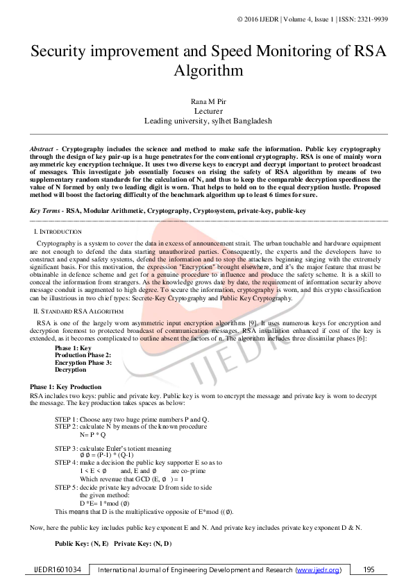 Pdf Security Improvement And Speed Monitoring Of Rsa Algorithm