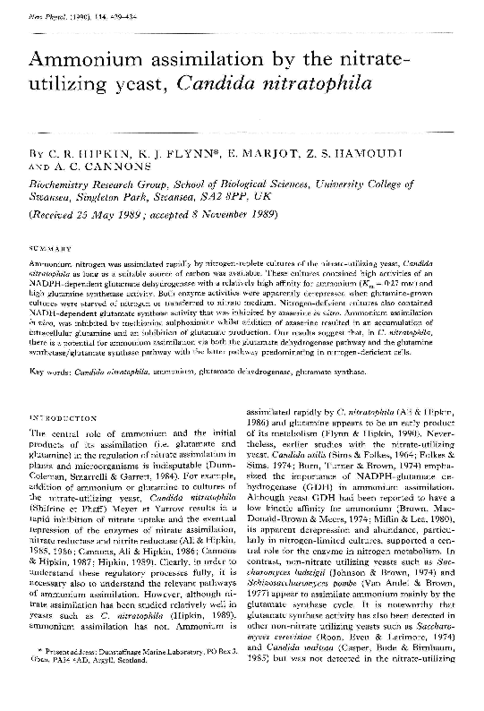 (PDF) Ammonium assimilation by the nitrate-utilizing yeast, Candida ...