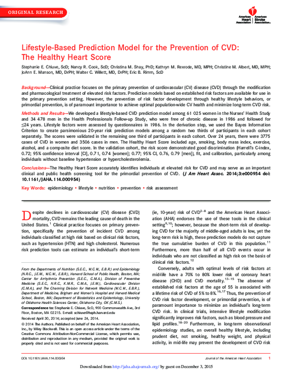 (PDF) Lifestyle-based prediction model for the prevention of CVD: the ...