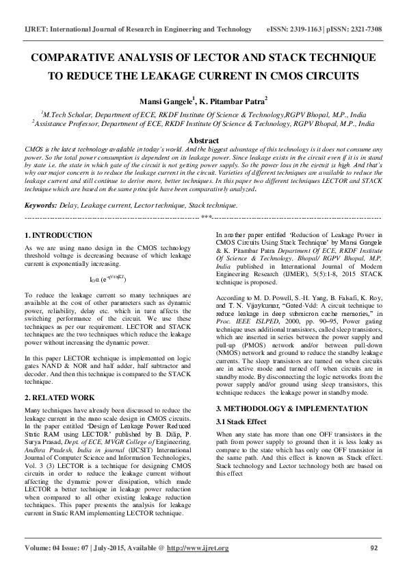 Pdf Comparative Analysis Of Lector And Stack Technique To Reduce The Leakage Current In Cmos