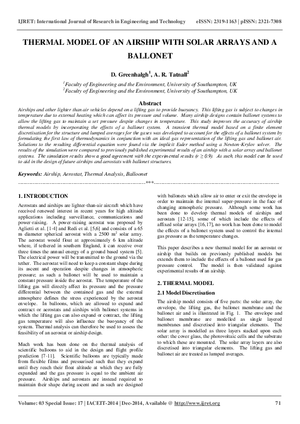 (PDF) THERMAL MODEL OF AN AIRSHIP WITH SOLAR ARRAYS AND A BALLONET