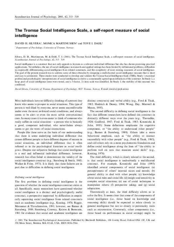 (PDF) The Tromso Social Intelligence Scale, a self-report measure of ...