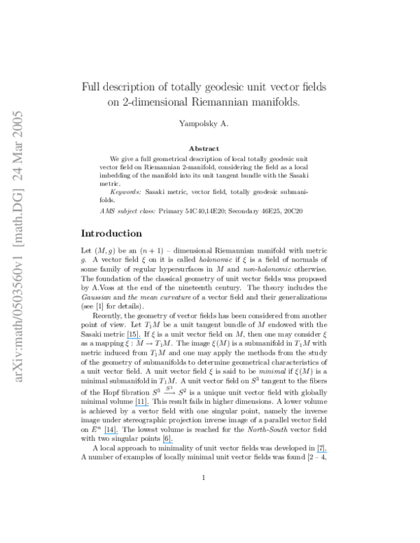 (PDF) Full description of totally geodesic unit vector fields on 2 ...