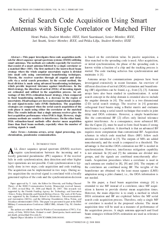 Pdf Serial Search Code Acquisition Using Smart Antennas With Single Correlator Or Matched Filter