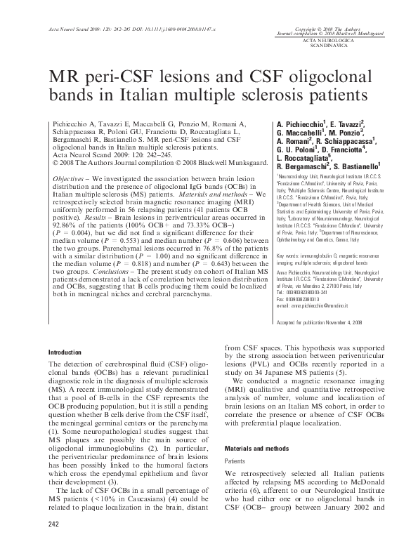 (PDF) MR peri-CSF lesions and CSF oligoclonal bands in Italian multiple sclerosis patients
