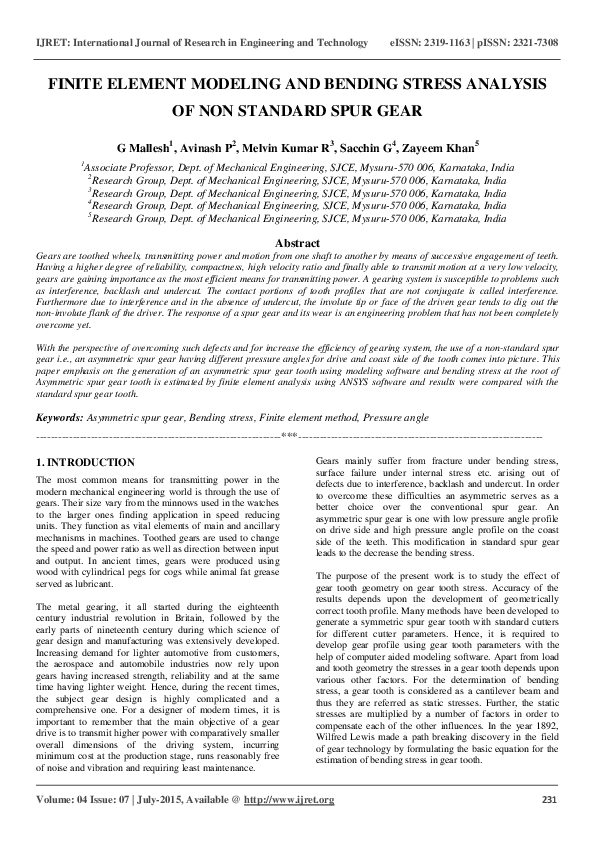 (PDF) FINITE ELEMENT MODELING AND BENDING STRESS ANALYSIS OF NON STANDARD SPUR GEAR