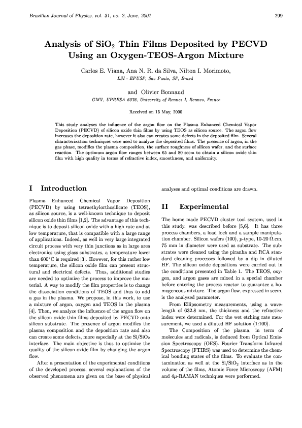 (PDF) Analysis of SiO2 Thin Films Deposited by PECVD Using an Oxygen-TEOS-Argon Mixture
