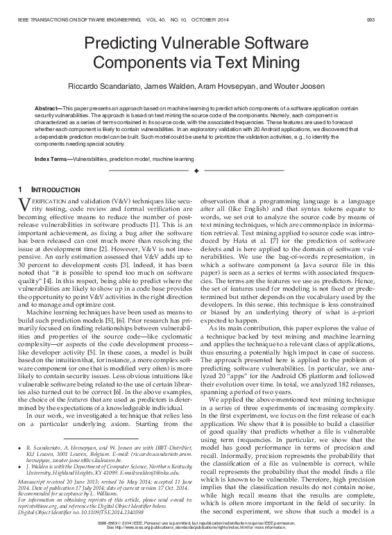 (PDF) Predicting Vulnerable Software Components via Text Mining