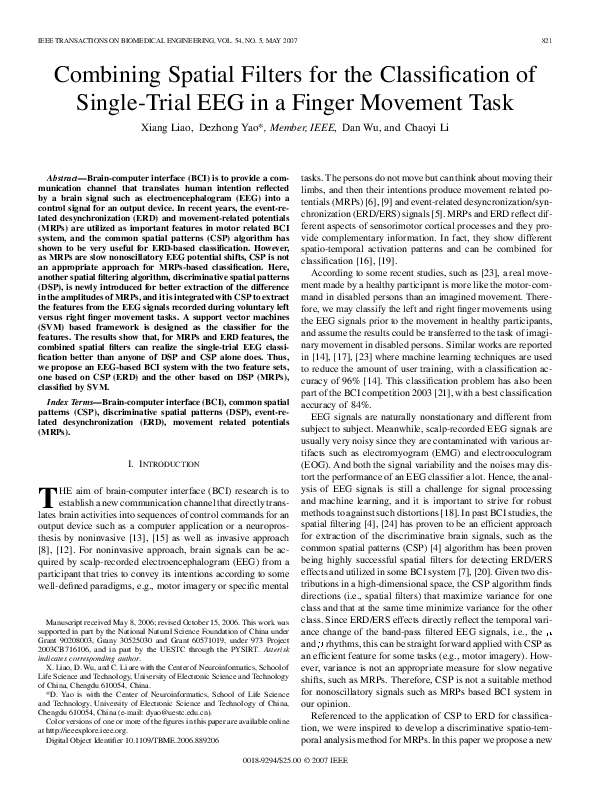 (PDF) Combining Spatial Filters for the Classification of Single-Trial EEG in a Finger Movement Task