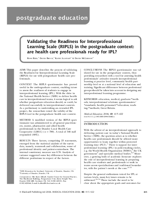 (PDF) Validating the Readiness for Interprofessional Learning Scale ...