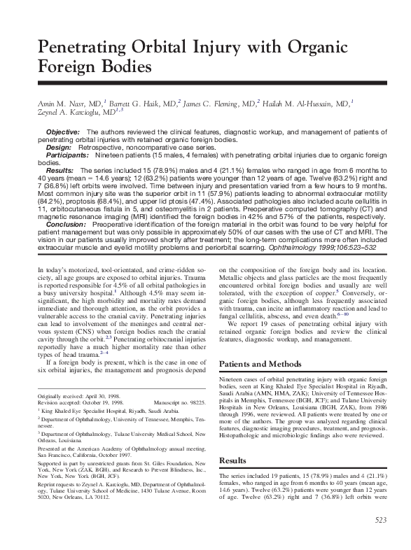 (PDF) Penetrating orbital injury with organic foreign bodies | Zeynel ...