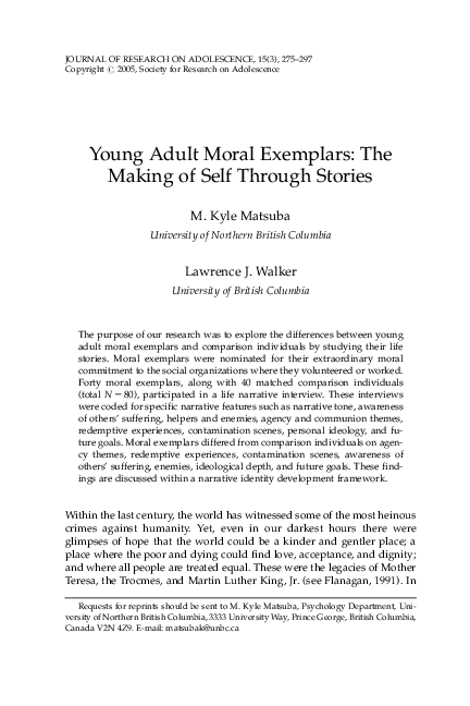 (PDF) Young Adult Moral Exemplars: The Making of Self Through Stories