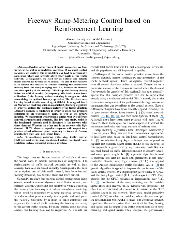 Pdf Freeway Ramp Metering Control Based On Reinforcement Learning