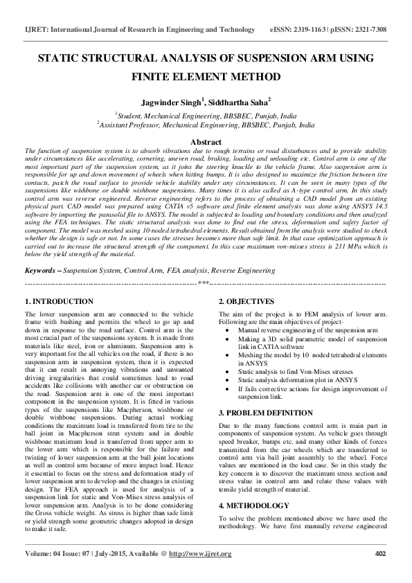 Pdf Static Structural Analysis Of Suspension Arm Using Finite Element Method