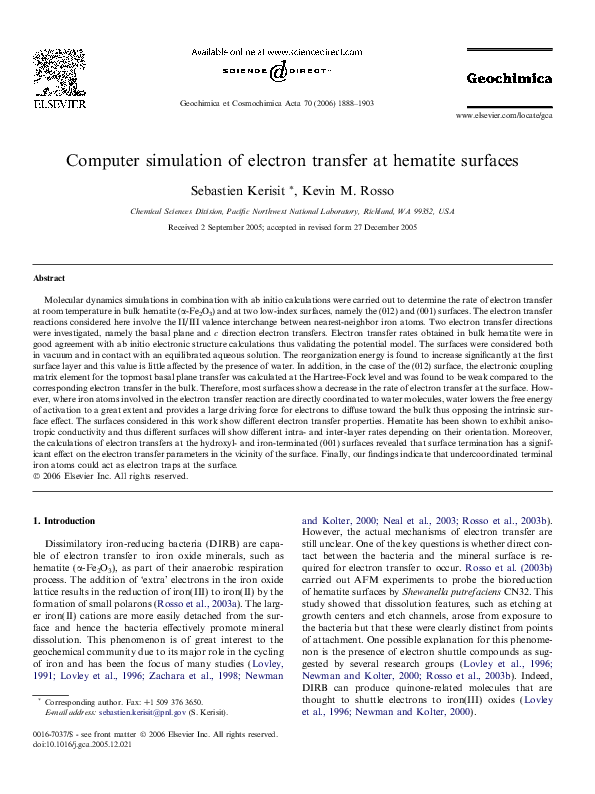 (PDF) Computer simulation of electron transfer at hematite surfaces