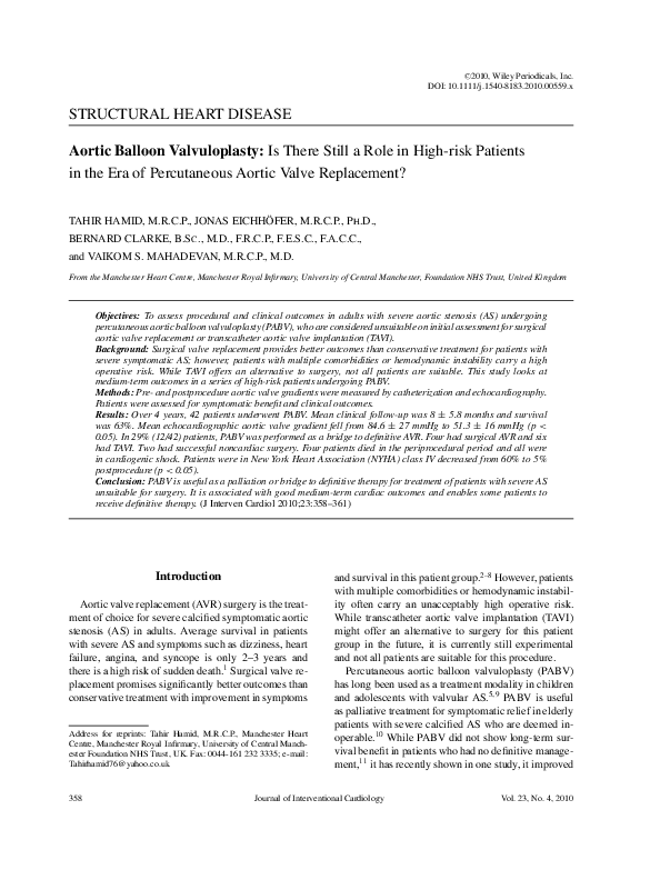 (PDF) Aortic Balloon Valvuloplasty: Is There Still a Role in High-risk Patients in the Era of ...