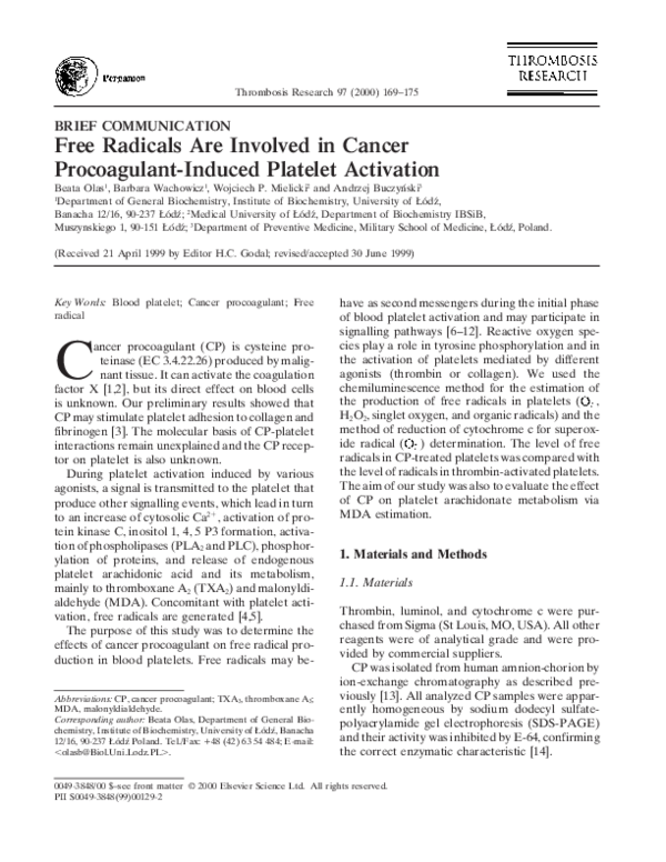 (PDF) Radicals in Cancer Procoagulant-Platelet Activation