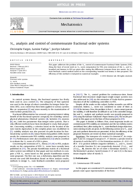 Pdf Analysis And Control Of Commensurate Fractional Order Systems