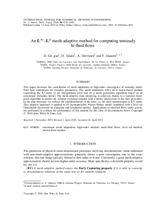 Pdf An L∞ Lp Mesh Adaptive Method For Computing Unsteady Bi Fluid Flows