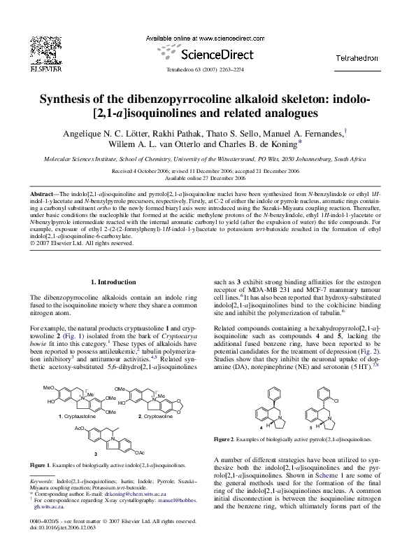 (PDF) Synthesis of the dibenzopyrrocoline alkaloid skeleton: indolo[2,1 ...