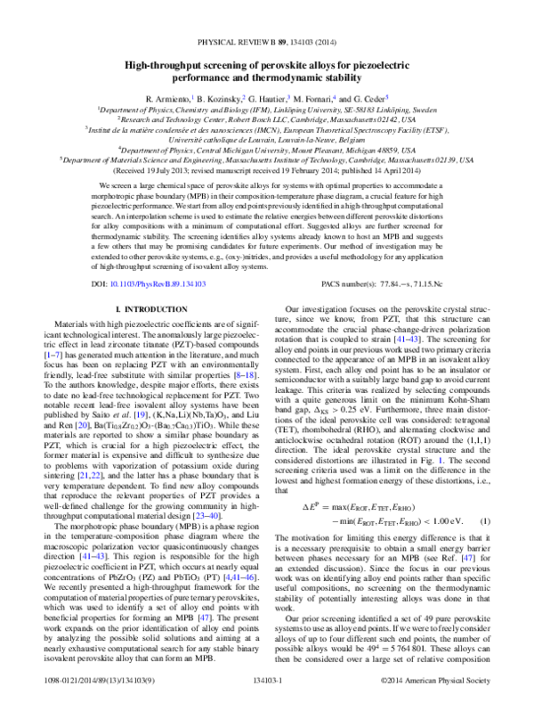 (PDF) High-throughput screening of perovskite alloys for piezoelectric performance and ...
