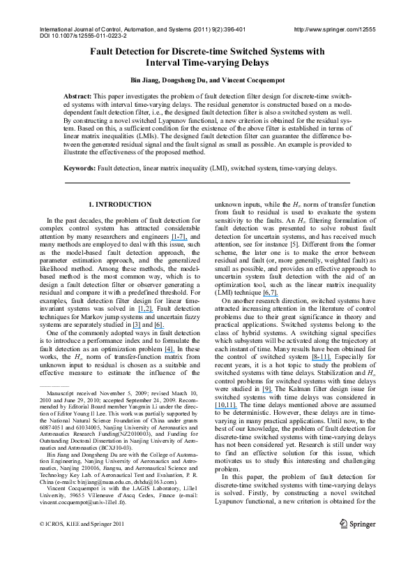 Pdf Fault Detection For Discrete Time Switched Systems With