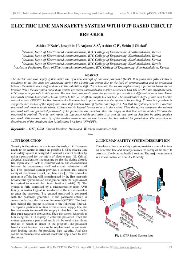 (PDF) ELECTRIC LINE MAN SAFETY SYSTEM WITH OTP BASED CIRCUIT BREAKER
